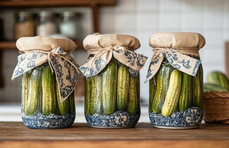 Three Jars Pickled Cucumbers Fabric Ribbon Kitchen Counter Stock Photos ...