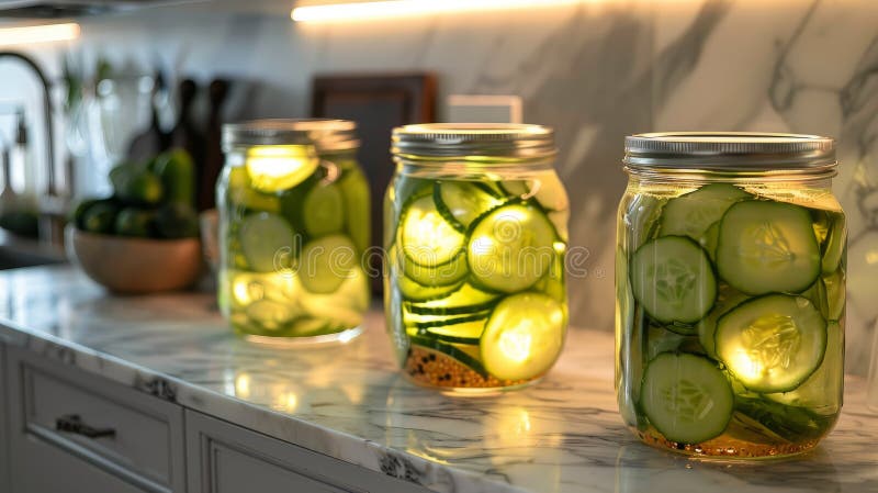 Three Jars of Pickles on Kitchen Counter. Stock Image - Image of ...
