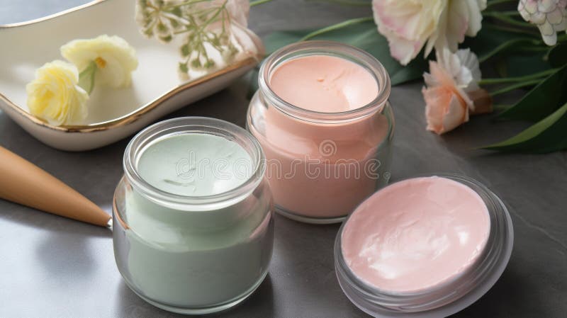Three Jars of Pink and White Cream Sitting on a Table Stock ...
