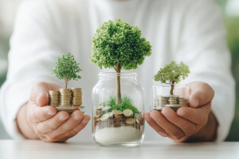 Three Jars with Small Trees Growing from Stacks of Coins Held by Hands ...