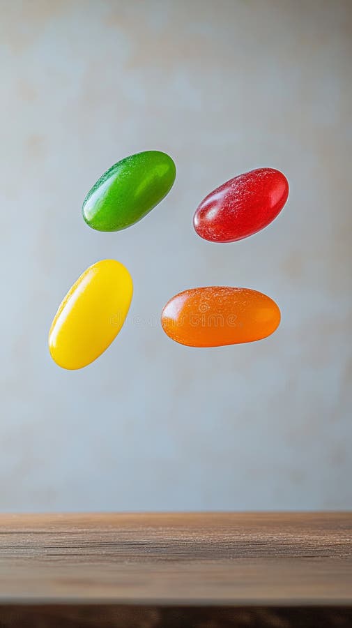 Three Jelly Beans Bouncing in the Air Above a Table. Stock Illustration ...