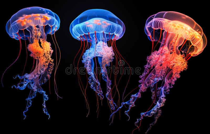 Three Jellyfish Swimming in the Dark Stock Image - Image of glowing ...