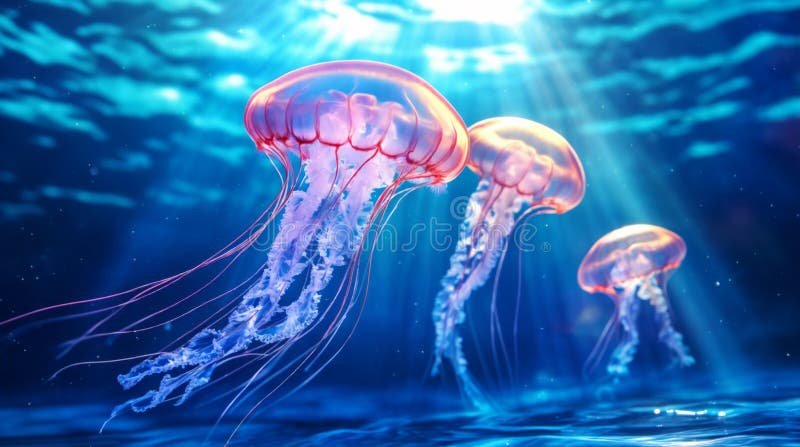 Three Jellyfish are Swimming in the Ocean Stock Illustration ...