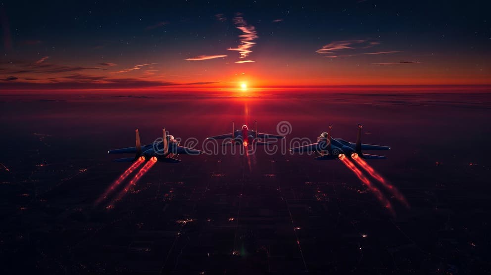 Three Jets Flying in Formation at Sunset Stock Photo - Image of sunset ...