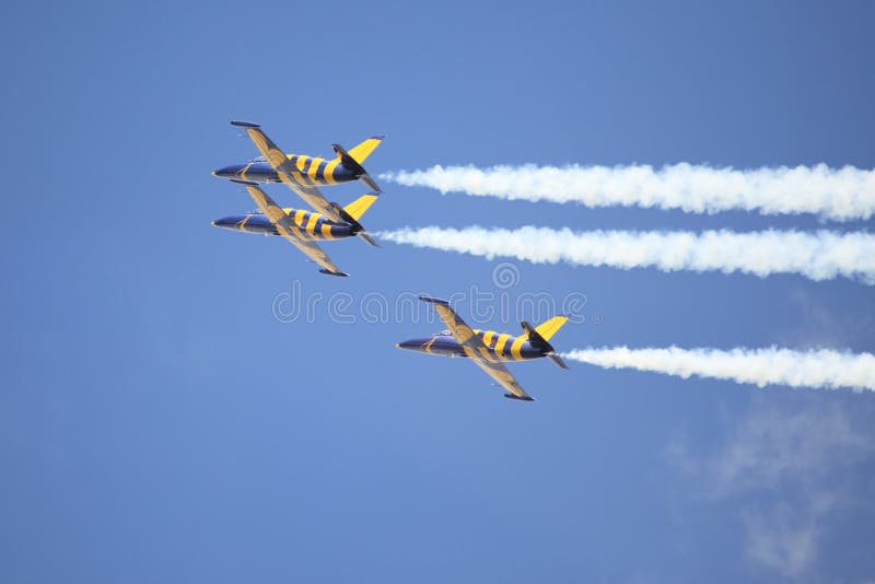 Three Jets with Smoke Trails Stock Photo - Image of aerobatics, plane ...
