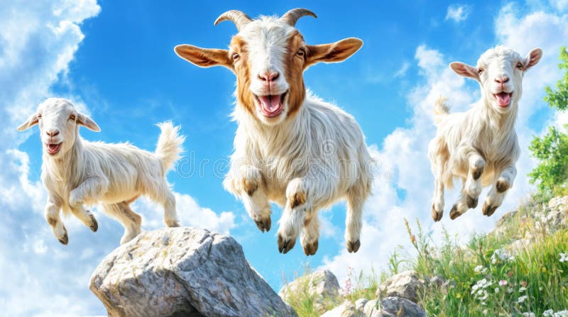 Three Joyful Goats Leaping Over Rocks in a Sunny Meadow on a Bright ...