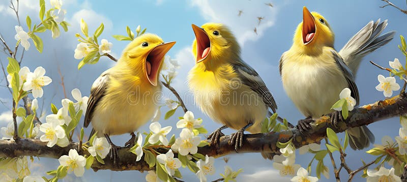 Three Joyful Yellow Birds Singing on a Blossoming Branch in a Bright ...