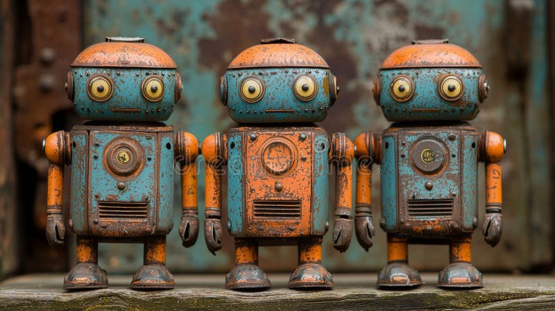 Three Joyous Vintage Toy Robots Together on a White Backdrop Stock ...