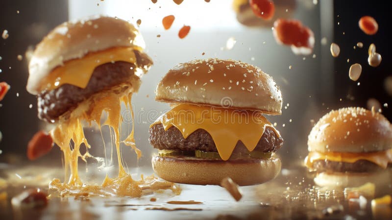 Three Juicy Cheeseburgers with Melted Cheese and Falling Toppings Stock ...