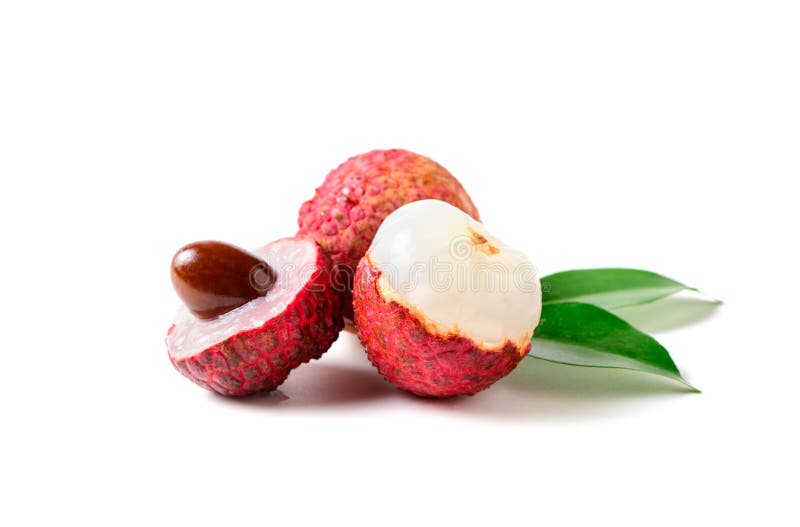 Three Juicy Lychee with Cut in Half and Leaves Isolated on White ...