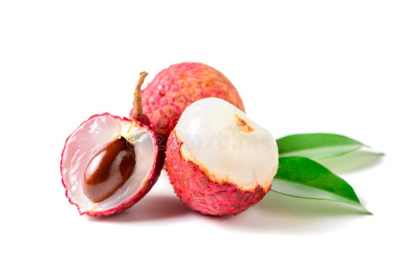 Three Juicy Lychee with Cut in Half and Leaves Isolated on White ...