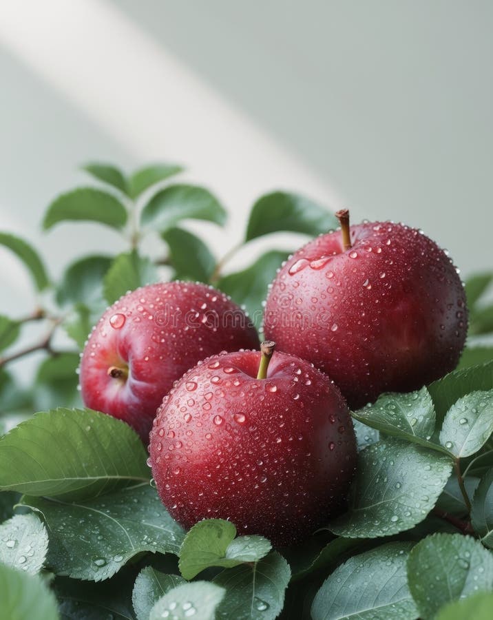 Three Juicy Red Plums with Dew Drops and Green Leaves Stock Photo ...