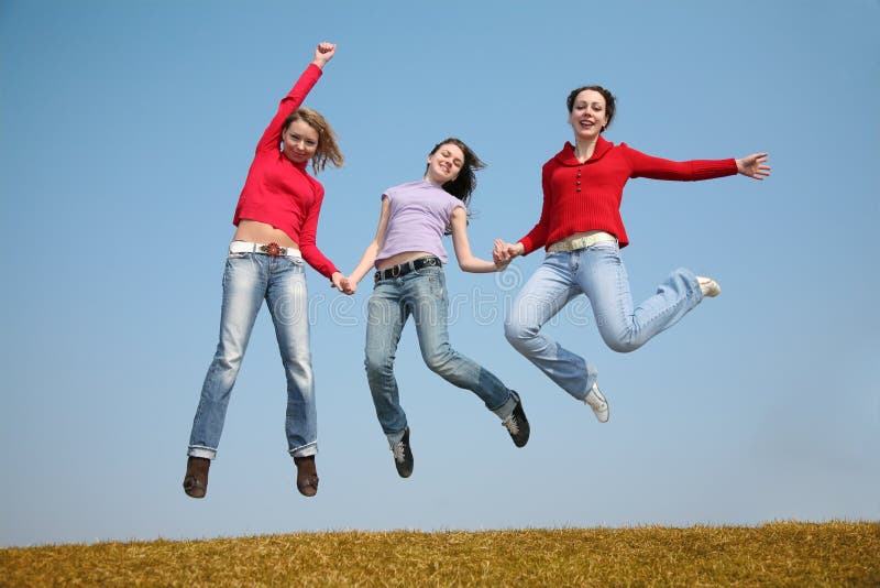 Three jumping girls stock photo. Image of mate, nature - 3354820