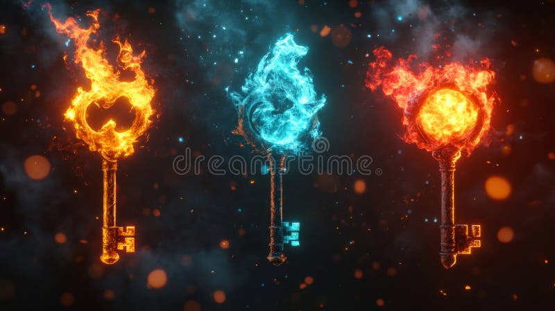 Three Keys Burning with Orange Blue and Red Flames on Dark Backdrop ...