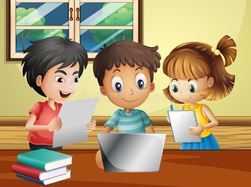 Three Kids Doing Research on Computer in the Room Stock Vector ...