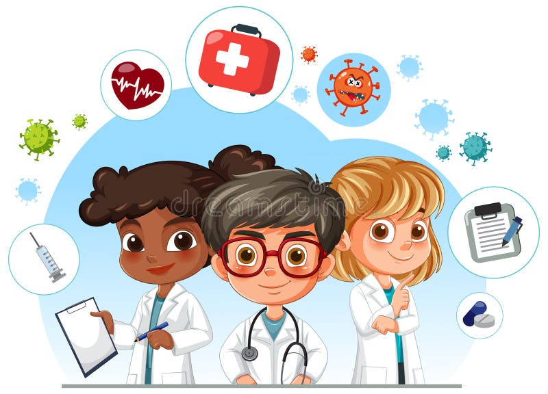 Three Kids Dressed As Doctors Stock Vector - Illustration of pediatric ...