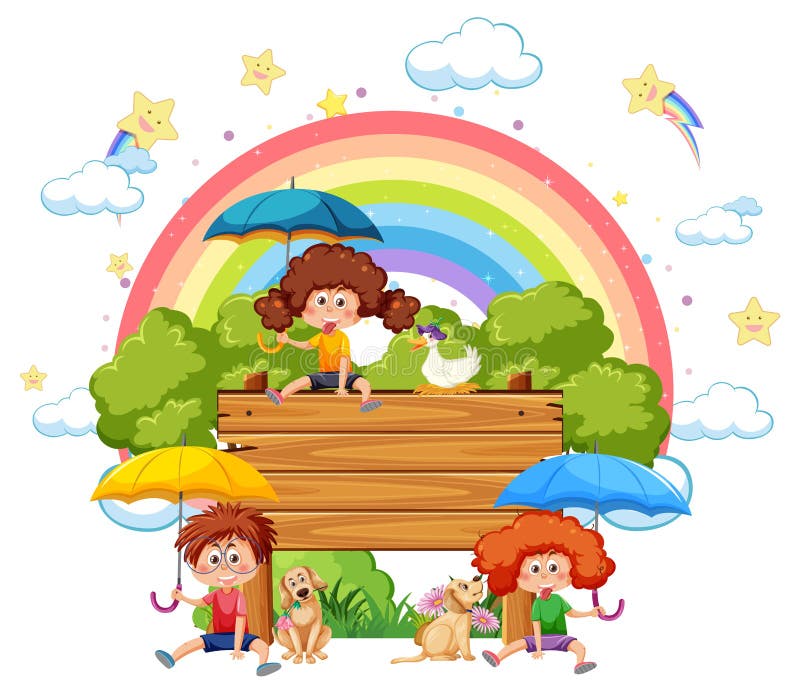 Three Kids with Empty Board in Rainbow Theme Stock Vector ...