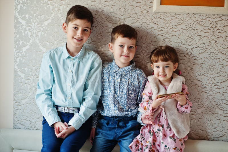 Three Kids. Girl with Mobile Phone at Hand Stock Image - Image of white ...