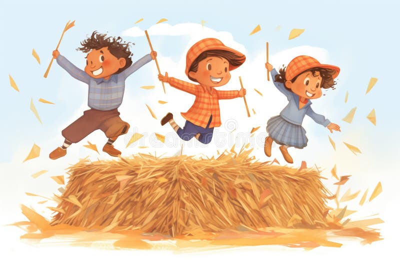 Three Kids Jumping in Piles of Hay Stock Illustration - Illustration of ...