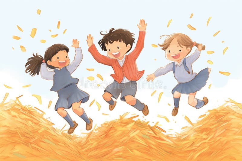 Three Kids Jumping in Piles of Hay Stock Photo - Image of outdoor ...