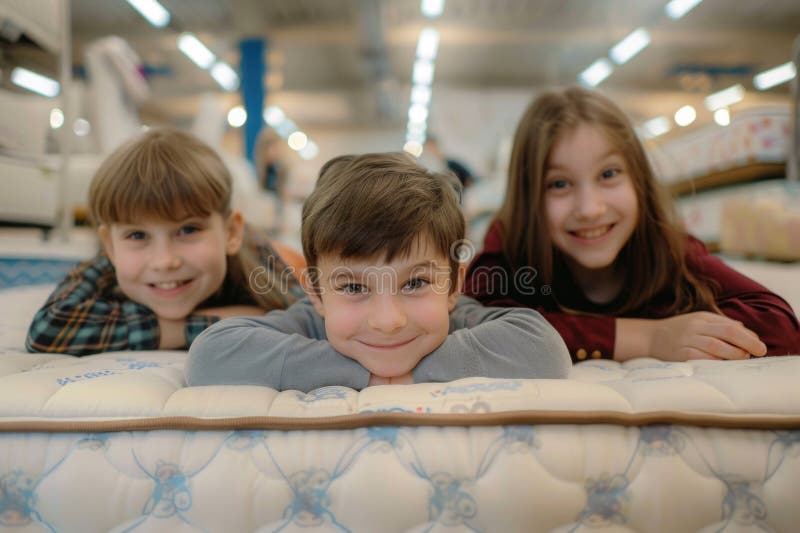 Three Kids Lying on a Mattress in a Store, Exploring a Potential New ...