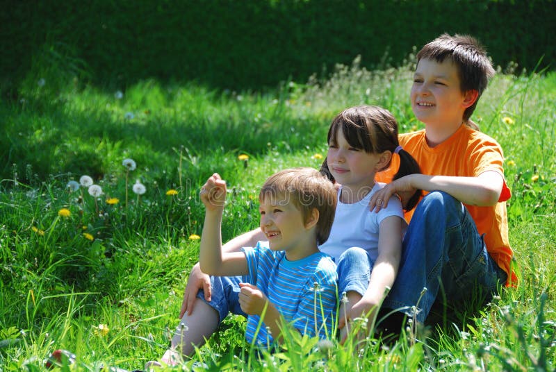 Three Kids in a Meadow stock photo. Image of posed, trio - 5253996