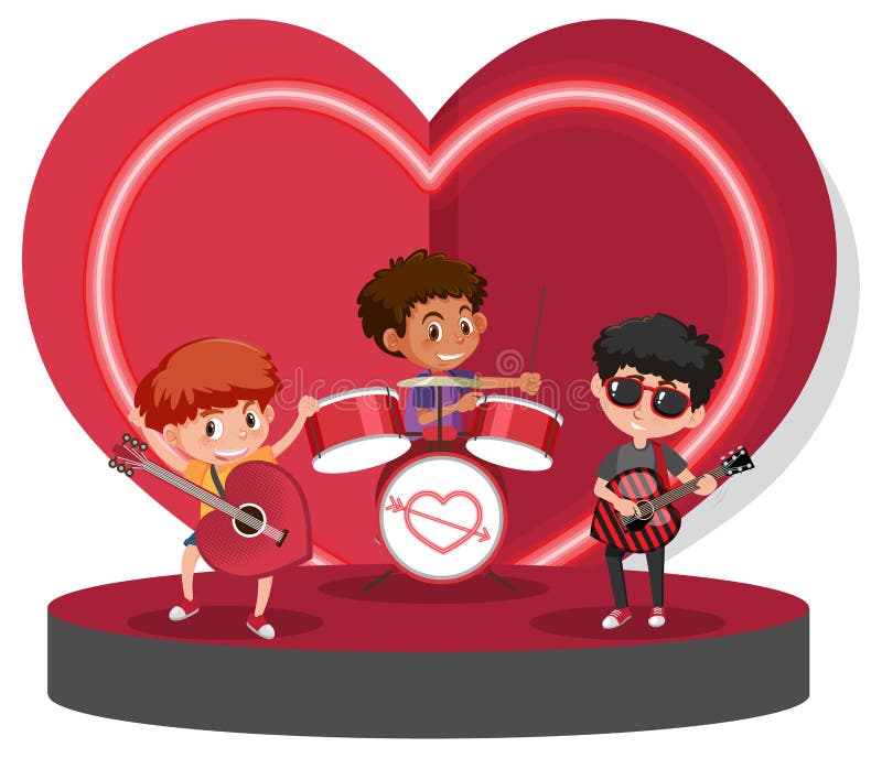 Three Kids Playing Music on Heart Stage Stock Vector - Illustration of ...