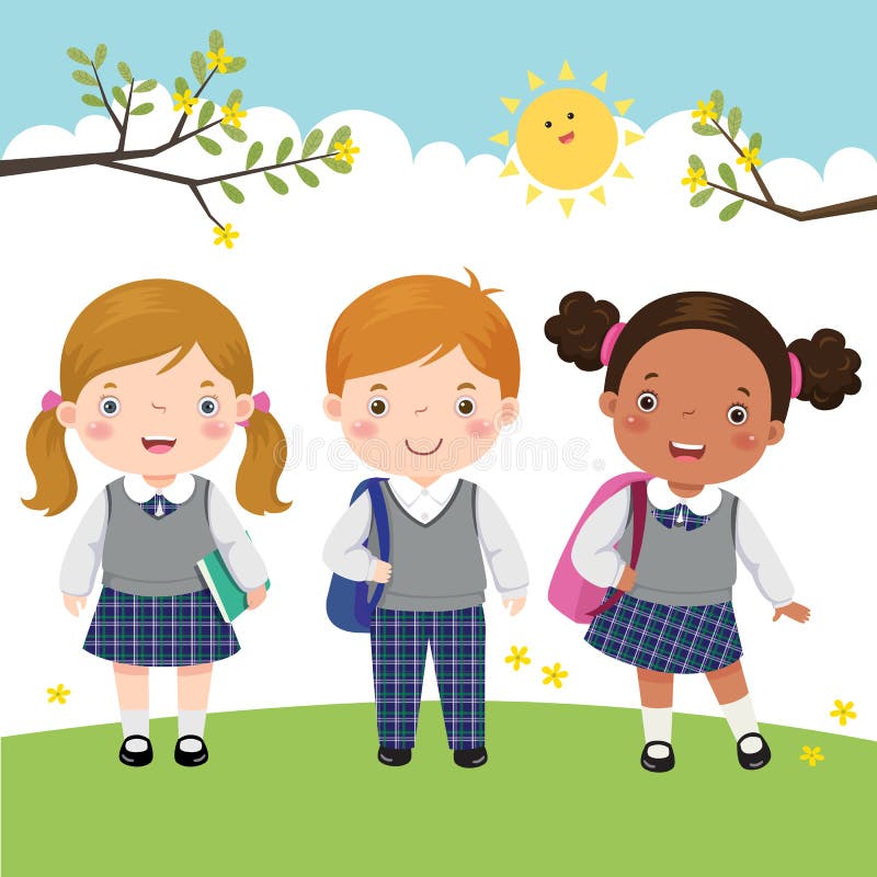 Three Kids in School Uniform Going To School Stock Vector ...