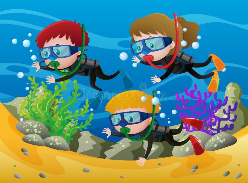 Three Kids Scuba Diving Under the Sea Stock Vector - Illustration of ...