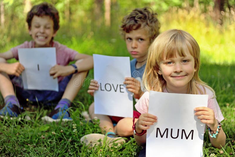 Three Kids with Sign I Love Mum Stock Image - Image of children, little ...