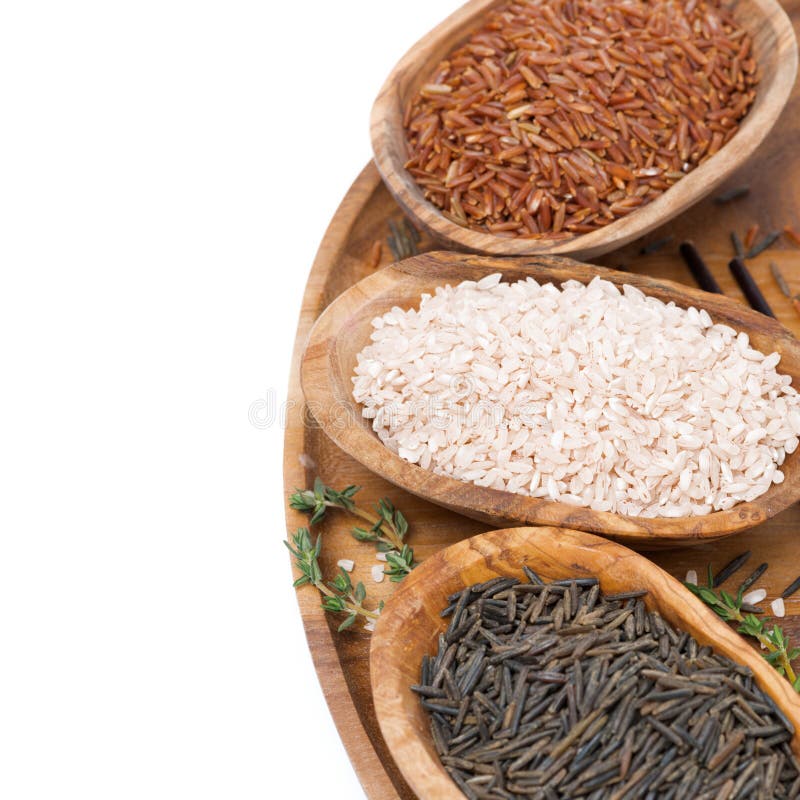 Three Kinds of Rice and Thyme in a Wooden Bowl, Top View Stock Image ...