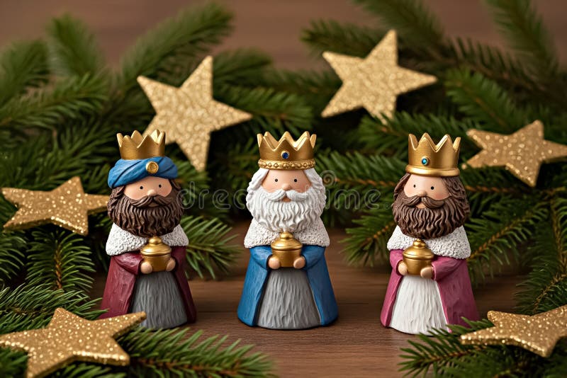 Three Kings Ceramic Figures Holding Presents, Surrounded by Glittering ...