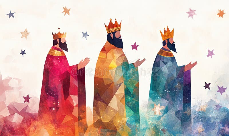 Three Kings in Colorful Robes with Crowns and Stars Background Stock ...