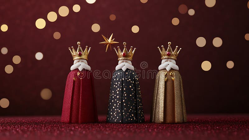 Three Kings Figurines on Red Glitter Background with Gold Bokeh Stock ...
