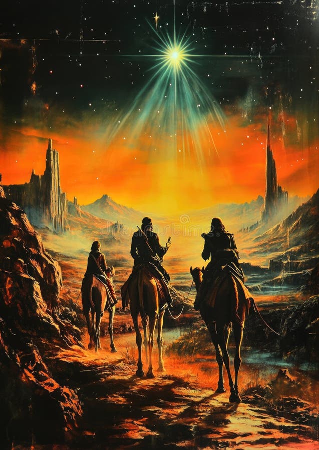 The Three Kings Following the Star Across a Vast Desert at Sunset Stock ...