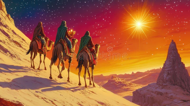 The Three Kings Following the Star Across a Vast Desert at Sunset Stock ...