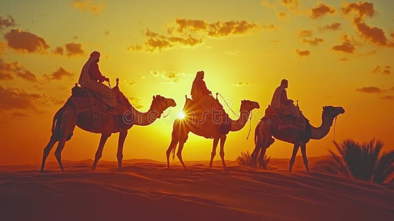 The Three Kings Following the Star Across a Vast Desert at Sunset Stock ...