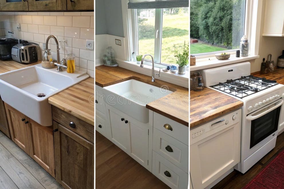 Three Kitchen Counters with Wooden Tops and Sinks Stock Illustration ...