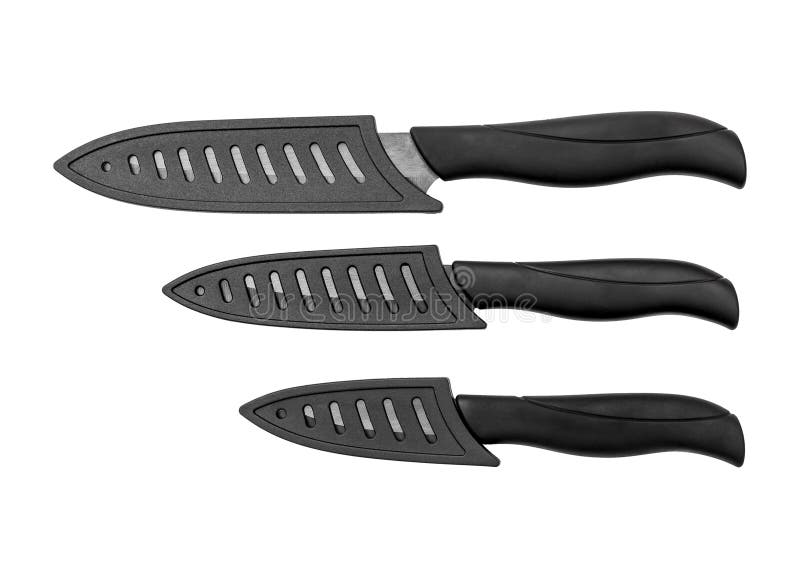 Three Kitchen Knives in Covers. Isolated on White Stock Image - Image ...