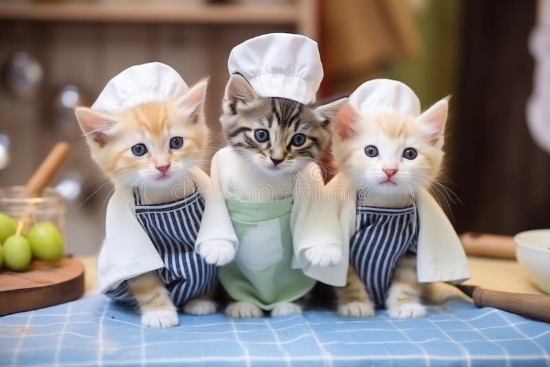 Three Kittens Dressed Up As Chefs on a Table Stock Illustration ...
