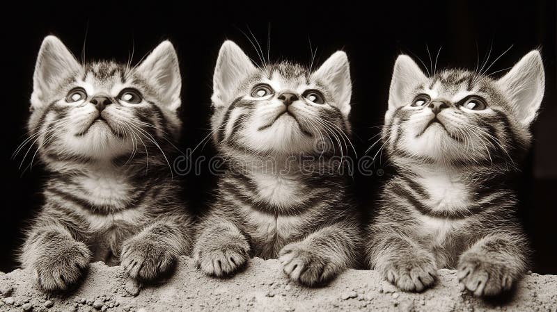 Three Kittens Looking Up, Sepia Tone, Studio, Dark Background, Pet ...