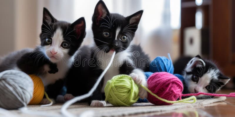 Three Kittens Playing with a Ball of Yarn. AI Generative Image. Stock ...