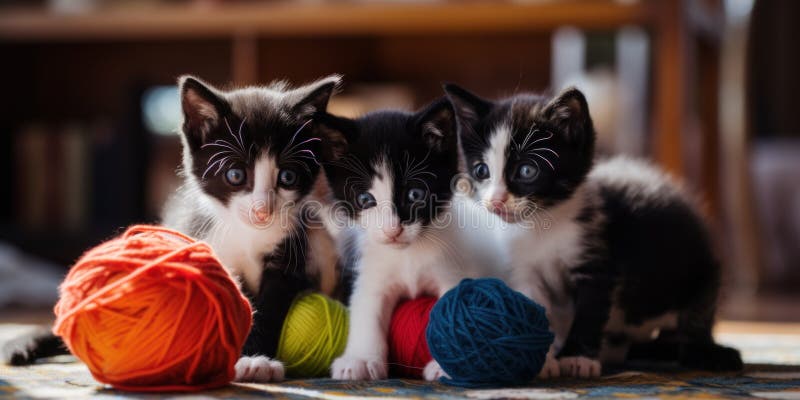 Three Kittens are Playing with a Ball of Yarn. AI Generative Image ...
