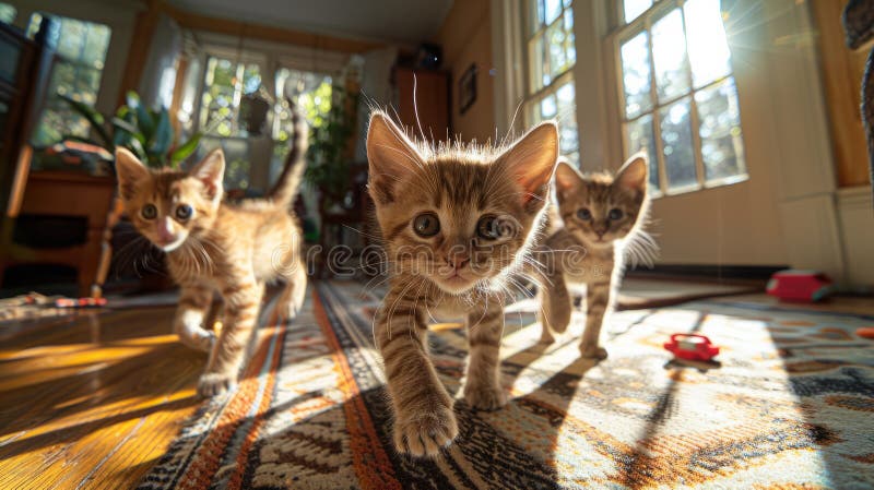 Three Kittens Playing Indoors Stock Image - Image of portrait ...