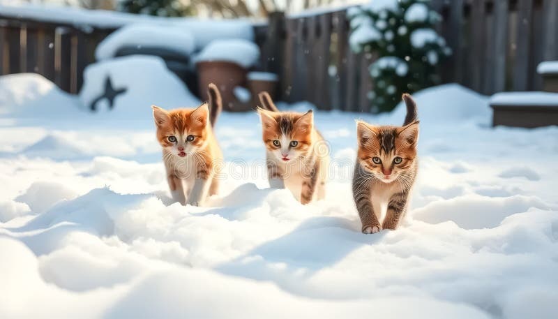 Three Kittens are Playing in the Snow Stock Photo - Image of walk ...