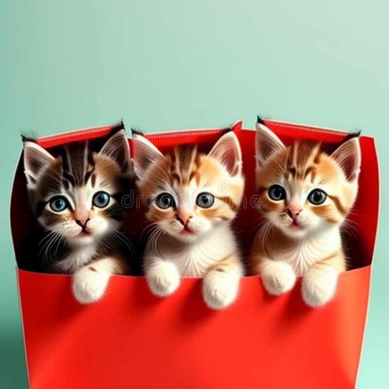 Three Kittens Pop Out of a Red Candy Box,generated Illustration with AI ...