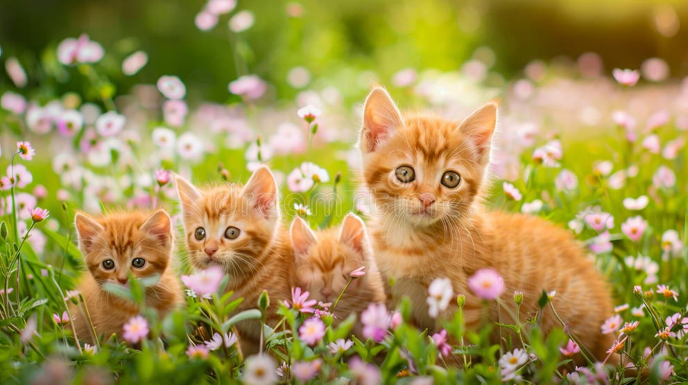 Three Kittens are Sitting in a Field of Flowers Stock Photo - Image of ...