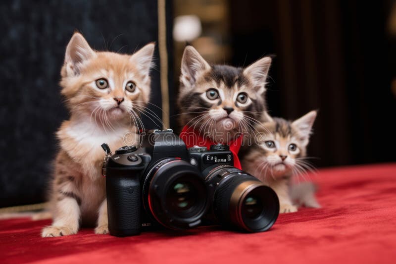 Three Kittens are Sitting Next To a Camera. Generative AI Image. Stock ...