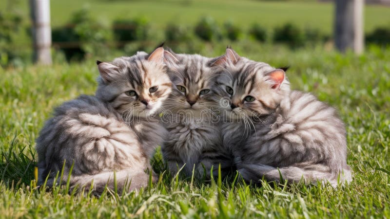 Three Kittens are Sitting Together in the Grass Looking at Something ...