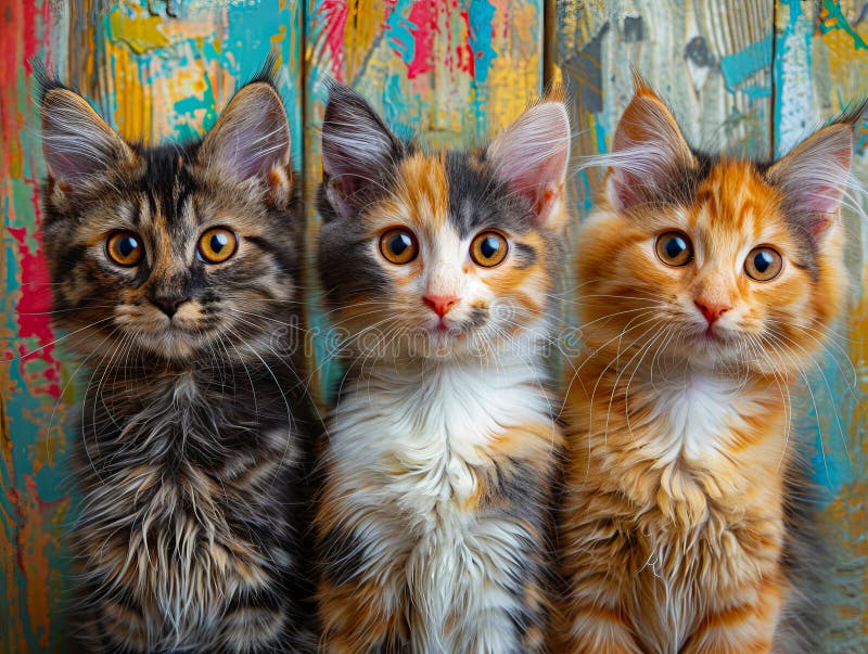 Three Kittens Sitting on a Wooden Surface Stock Photo - Image of calico ...